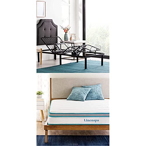 Linenspa Adjustable Bed Base-Motorized Head and Foot Incline 8 Inch Memory Foam and Innerspring Hybrid Medium-Firm Feel Mattress, Twin XL