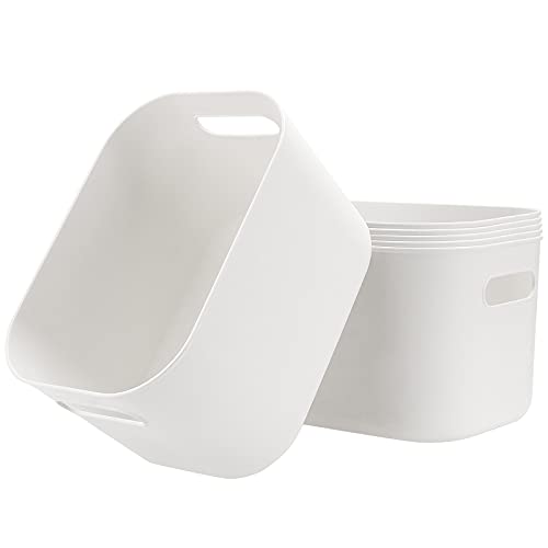 JOIKIT 6 Pack White Storage Bins with Handles, White Bathroom Kitchen Organizer Bin, White Plastic Vanity Storage Bins for Hand Soap, Body Washes, Towels, Shampoos, Lotions, Bath Balls, 10 x 7 x 6.3 Inch