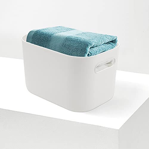 JOIKIT 6 Pack White Storage Bins with Handles, White Bathroom Kitchen Organizer Bin, White Plastic Vanity Storage Bins for Hand Soap, Body Washes, Towels, Shampoos, Lotions, Bath Balls, 10 x 7 x 6.3 Inch