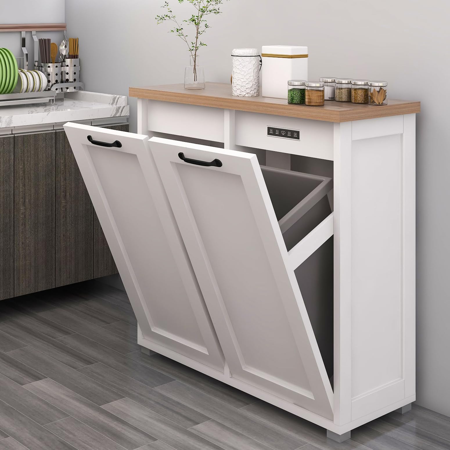Prapark White Double Tilt Out Trash Cabinet - Kitchen Garbage Can Free Standing Holder with Negative Ion and Deodorizing - Accommodates 2 x 10-Gallon Trash Cans - Tilt Out Laundry Hamper Cabinet