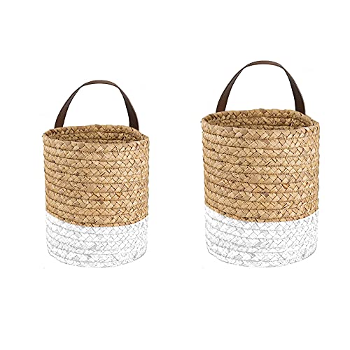 Goosacyon 2 Pack Seagrass Woven Hanging Basket Woven Wall Basket with Handle Rope Storage Basket Wicker Baskets for Plants Flower Clothes Home Decor