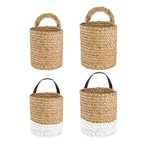 Goosacyon 2 Pack Seagrass Woven Hanging Basket Woven Wall Basket with Handle Rope Storage Basket Wicker Baskets for Plants Flower Clothes Home Decor