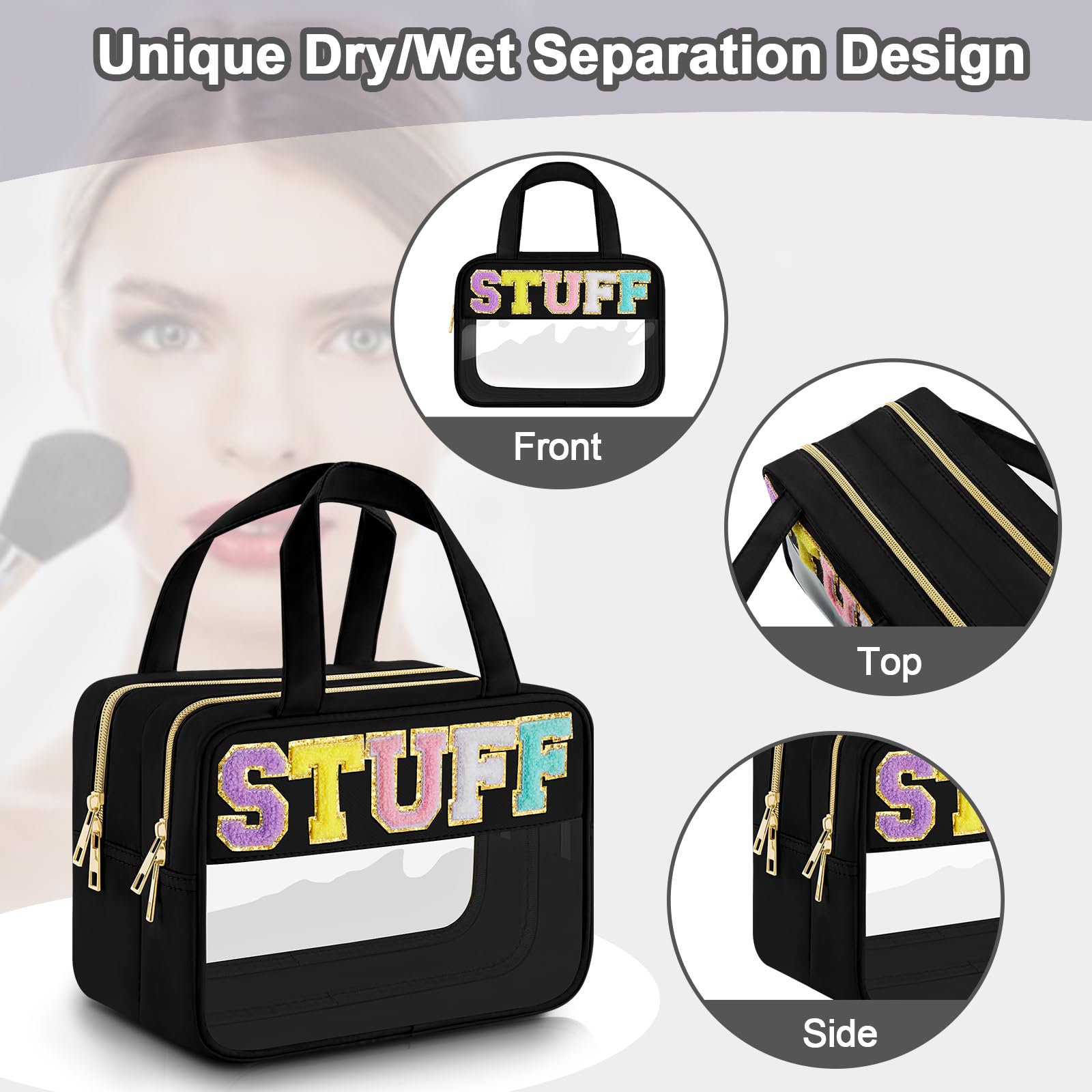 SIMBOOM Clear Letter Makeup Bag, Black, L Size, Clear Bag