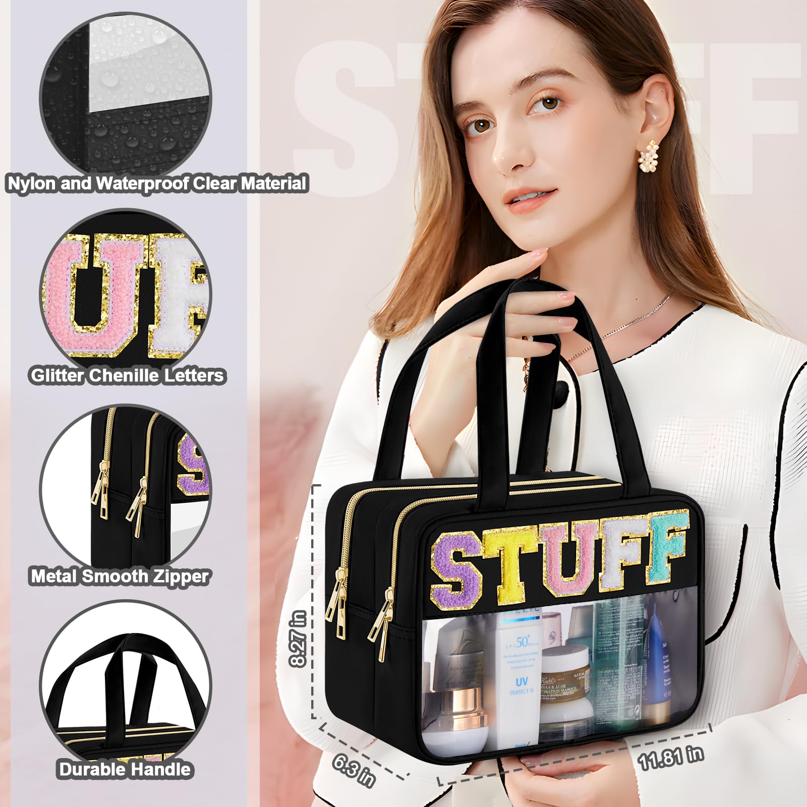 SIMBOOM Clear Letter Makeup Bag, Black, L Size, Clear Bag