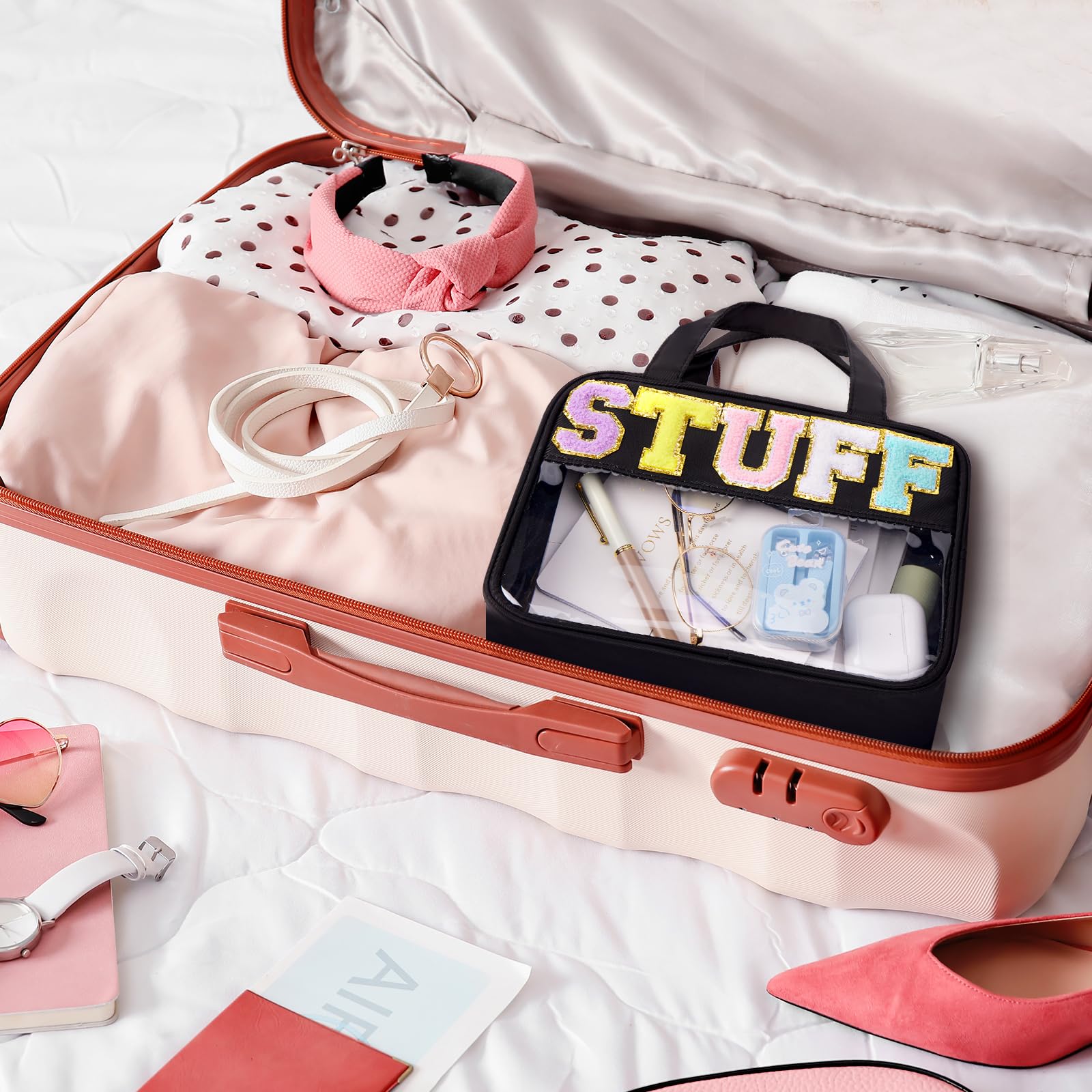 SIMBOOM Clear Letter Makeup Bag, Black, L Size, Clear Bag