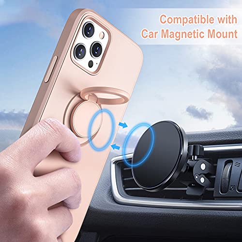 Hython Case for iPhone 12 Pro Max Case with Ring Stand [360° Rotatable Ring Holder Magnetic Kickstand] [Soft Microfiber Lining] Slim Shockproof Rubber Protective Phone Case Cover for Women, Pink Sand