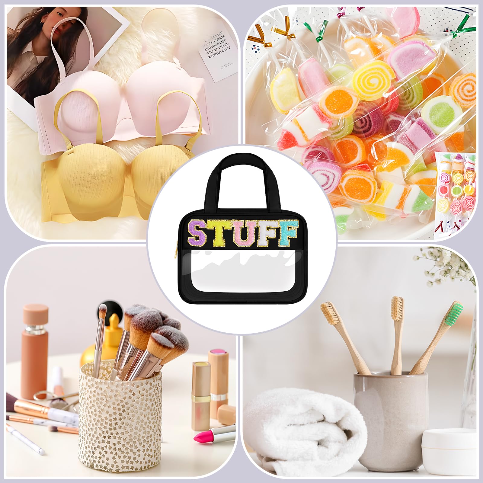SIMBOOM Clear Letter Makeup Bag, Black, L Size, Clear Bag
