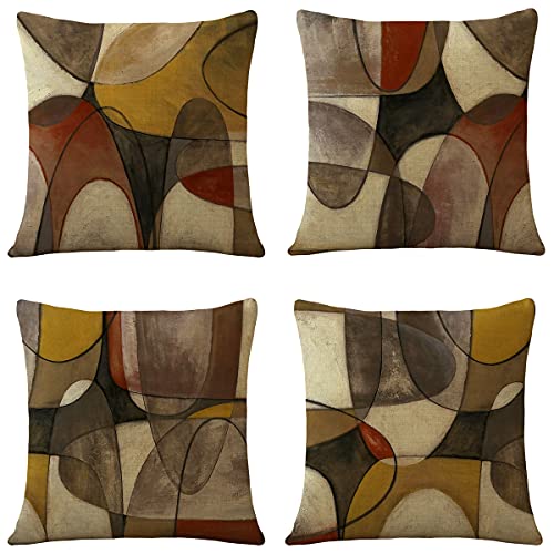 Couch Pillows for Iiving Room Set of 4 ,Brown and Blue Decorative Throw Pillow Covers 18x18 Inch Geometric Abstract Arts Linen Pillowcase Cushion Cases (Abstract Arts)