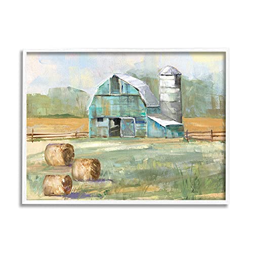 Stupell Industries Contemporary Blue Farm Barn Hay Bails Empty Field, Designed by Sally Swatland White Framed Wall Art, 14 x 11, Green