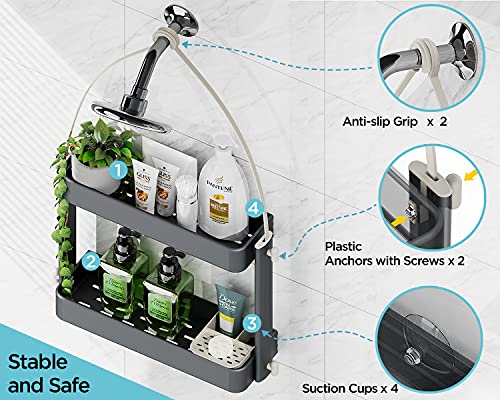 ADOVEL Shower Caddy Hanging, 2 in 1 Shower Caddy Over Shower Head/ Door, Sturdy Bathroom Shelf Organizer with Adjustable Height, Never Rust, No Drilling, 4 Suction Cups (Grey)