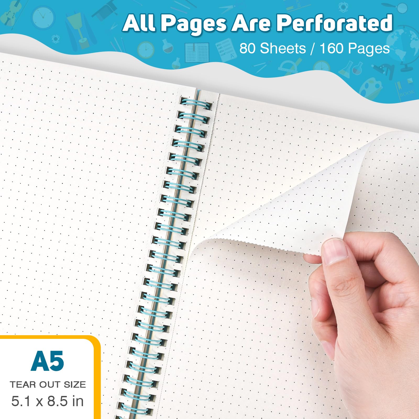 3 Pack Dotted Journal Notebook, 1 Subject Spiral Notebook with Pockets, A5 Bullet Journals,480 Perforated Pages 100gsm Thick Dotted Paper,Dot Journal Notebook for School Supplies Office,5.85" x 8.5"