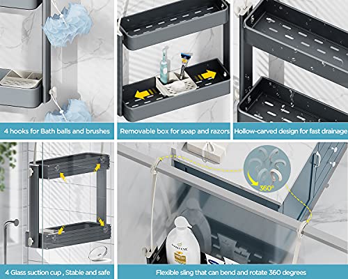 ADOVEL Shower Caddy Hanging, 2 in 1 Shower Caddy Over Shower Head/ Door, Sturdy Bathroom Shelf Organizer with Adjustable Height, Never Rust, No Drilling, 4 Suction Cups (Grey)