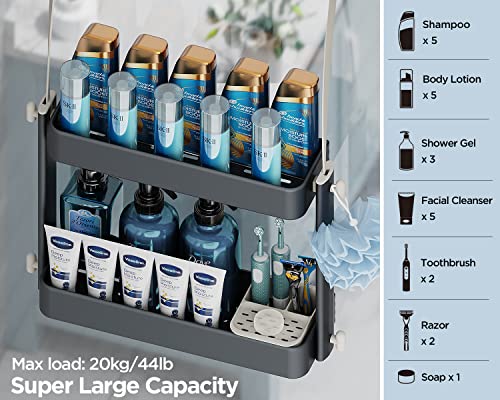 ADOVEL Shower Caddy Hanging, 2 in 1 Shower Caddy Over Shower Head/ Door, Sturdy Bathroom Shelf Organizer with Adjustable Height, Never Rust, No Drilling, 4 Suction Cups (Grey)