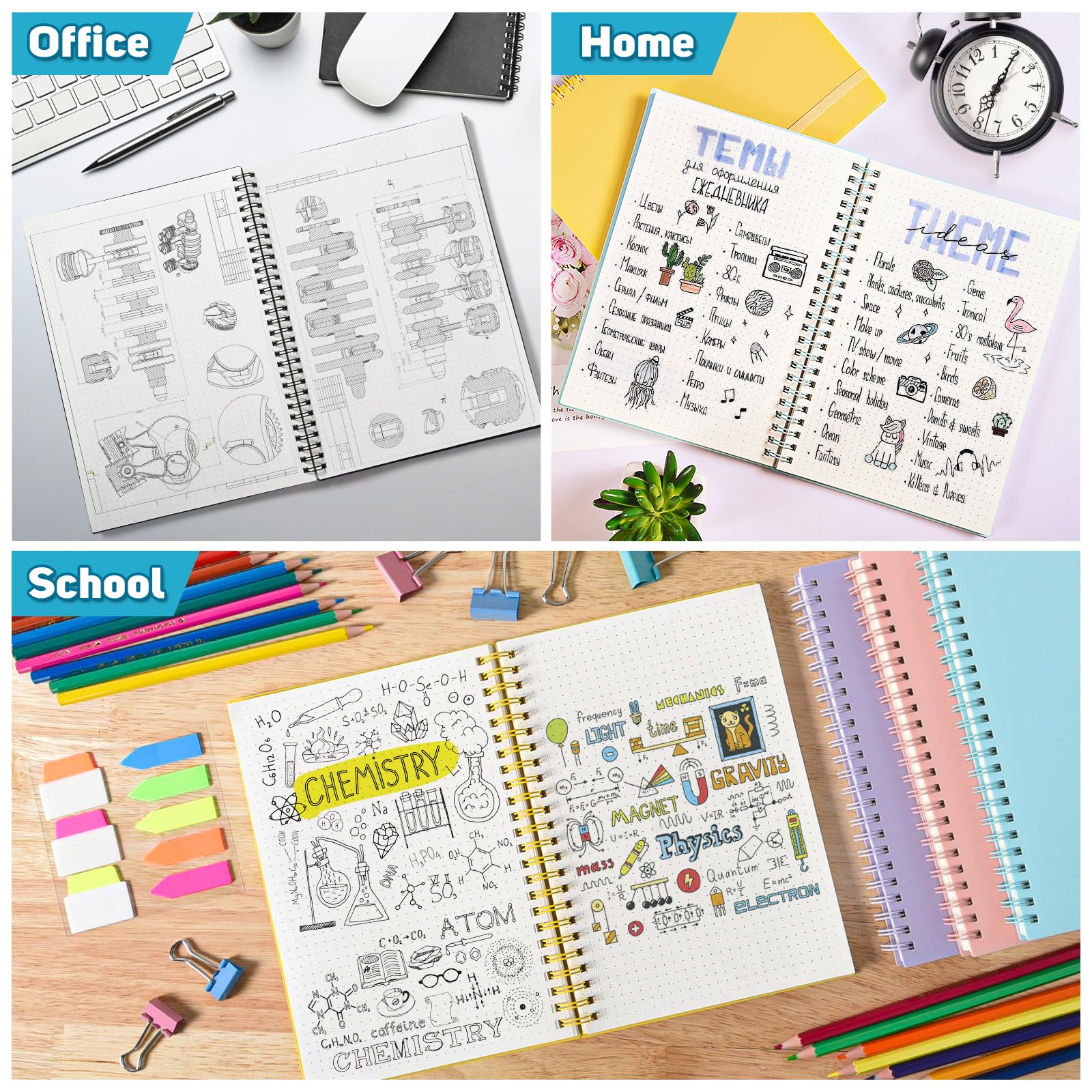 3 Pack Dotted Journal Notebook, 1 Subject Spiral Notebook with Pockets, A5 Bullet Journals,480 Perforated Pages 100gsm Thick Dotted Paper,Dot Journal Notebook for School Supplies Office,5.85" x 8.5"