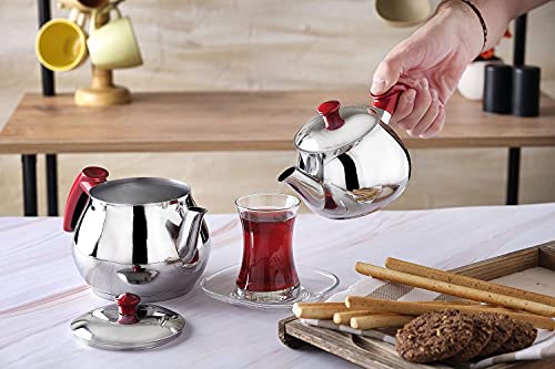 DESTALYA Turkish Teapot Set, Stainless Steel Double Tea Pots for Stove Top, Tea Maker with Strainer, Samovar Style Tea Kettle, Water Heater Warmer (Mini with Red Handles)
