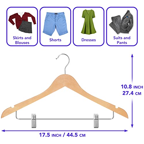 USTECH Bowed Shaped Eco-Friendly Clothes Hangers with Clips | Heavy Duty Wood Finish Hanger for Suits, Pants, and Skirts | Closet Space Saver with Shoulder Notch for Strappy Dresses | Pack of 10