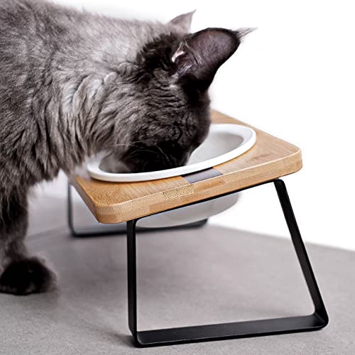 Elevated Cat Ceramic Bowls Stand for Food and Water, Small Dog, Anti Vomit, Indoor Cats, Tilted Feeding Position, Full Bamboo Body Stand with Food Grade, Whisker Friendly Dish for Cats and Puppy