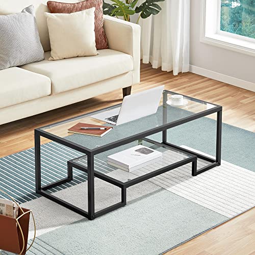 Yaheetech Coffee Table, Tempered Glass Coffee Table, Modern Simple Center Table w/Geometric-Inspired Design & Metal-Frame & Easy Assembly & Open Storage Shelf for Living Room, Office, Black