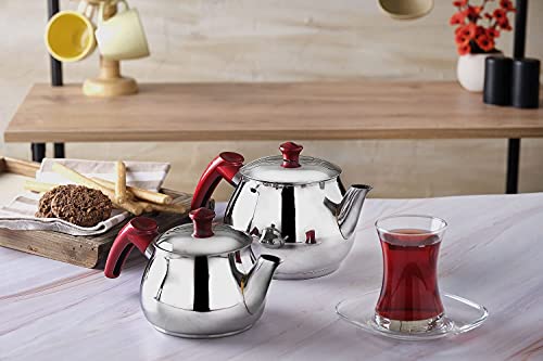 DESTALYA Turkish Teapot Set, Stainless Steel Double Tea Pots for Stove Top, Tea Maker with Strainer, Samovar Style Tea Kettle, Water Heater Warmer (Mini with Red Handles)