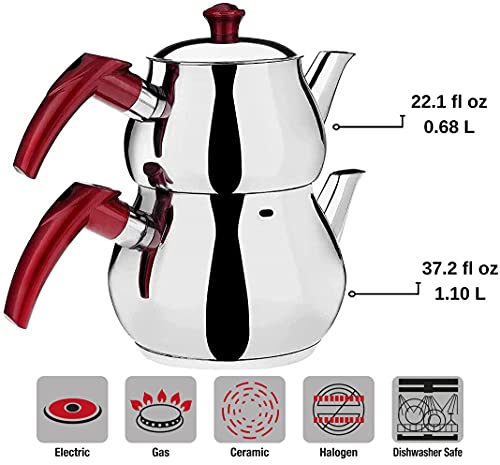 DESTALYA Turkish Teapot Set, Stainless Steel Double Tea Pots for Stove Top, Tea Maker with Strainer, Samovar Style Tea Kettle, Water Heater Warmer (Mini with Red Handles)