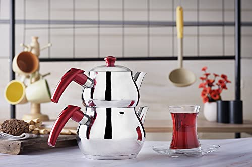 DESTALYA Turkish Teapot Set, Stainless Steel Double Tea Pots for Stove Top, Tea Maker with Strainer, Samovar Style Tea Kettle, Water Heater Warmer (Mini with Red Handles)