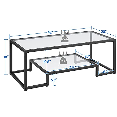 Yaheetech Coffee Table, Tempered Glass Coffee Table, Modern Simple Center Table w/Geometric-Inspired Design & Metal-Frame & Easy Assembly & Open Storage Shelf for Living Room, Office, Black