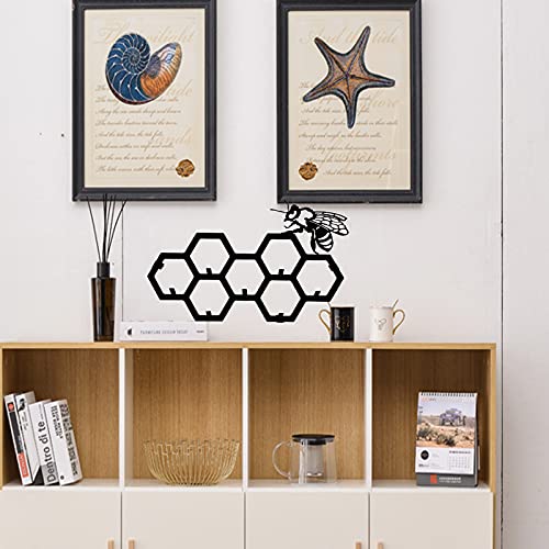 HAO Metal Bee Coat Rack Wall Mounted, Bee with Honeycomb Metal Art Wall Decor, Bee Key Rack Beehive Wall Rack for Entryway Coats Hats Keys Towels