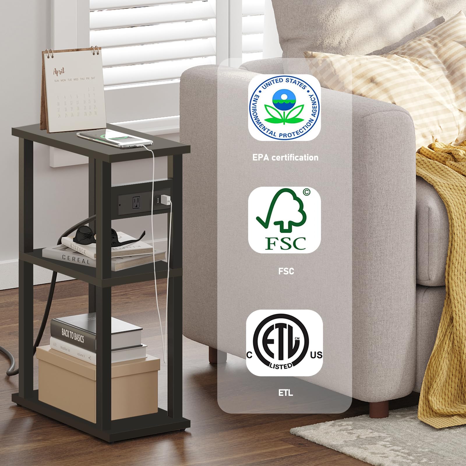 TUTOTAK Small Narrow Side Table with Charging Station, Set of 2 Skinny End Table for Small Spaces, Slim Nightstand with USB Ports and Outlet,Sofa Beside Table with Wheels, Black TB01BK047