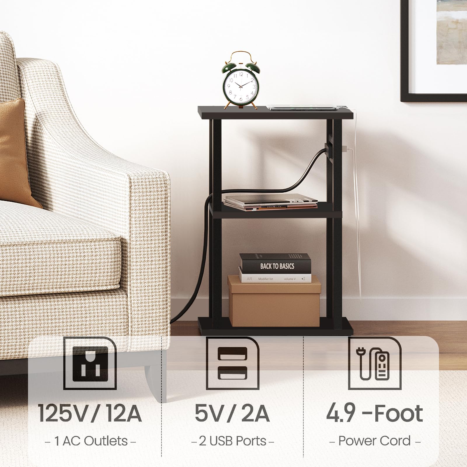 TUTOTAK Small Narrow Side Table with Charging Station, Set of 2 Skinny End Table for Small Spaces, Slim Nightstand with USB Ports and Outlet,Sofa Beside Table with Wheels, Black TB01BK047