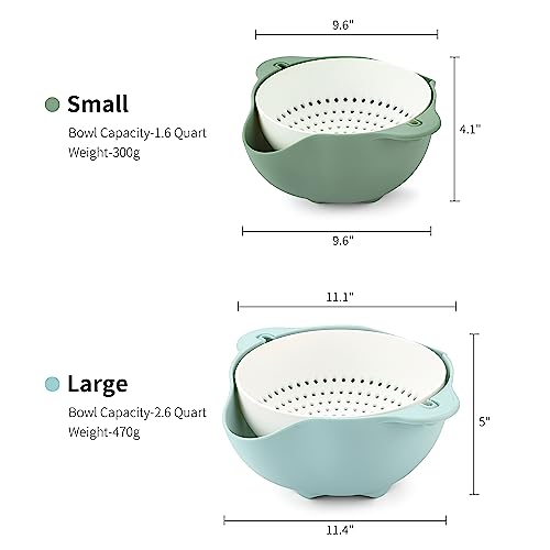 Pazash Double-layer Rotatable Colander, Heat-resisted Pasta Strainer, Food Level BPA Free Colanders and Strainers Bowls Set,2 Set Kitchen Draining Bowl Vegetable Washing Basket ，Aqua Sky and Green