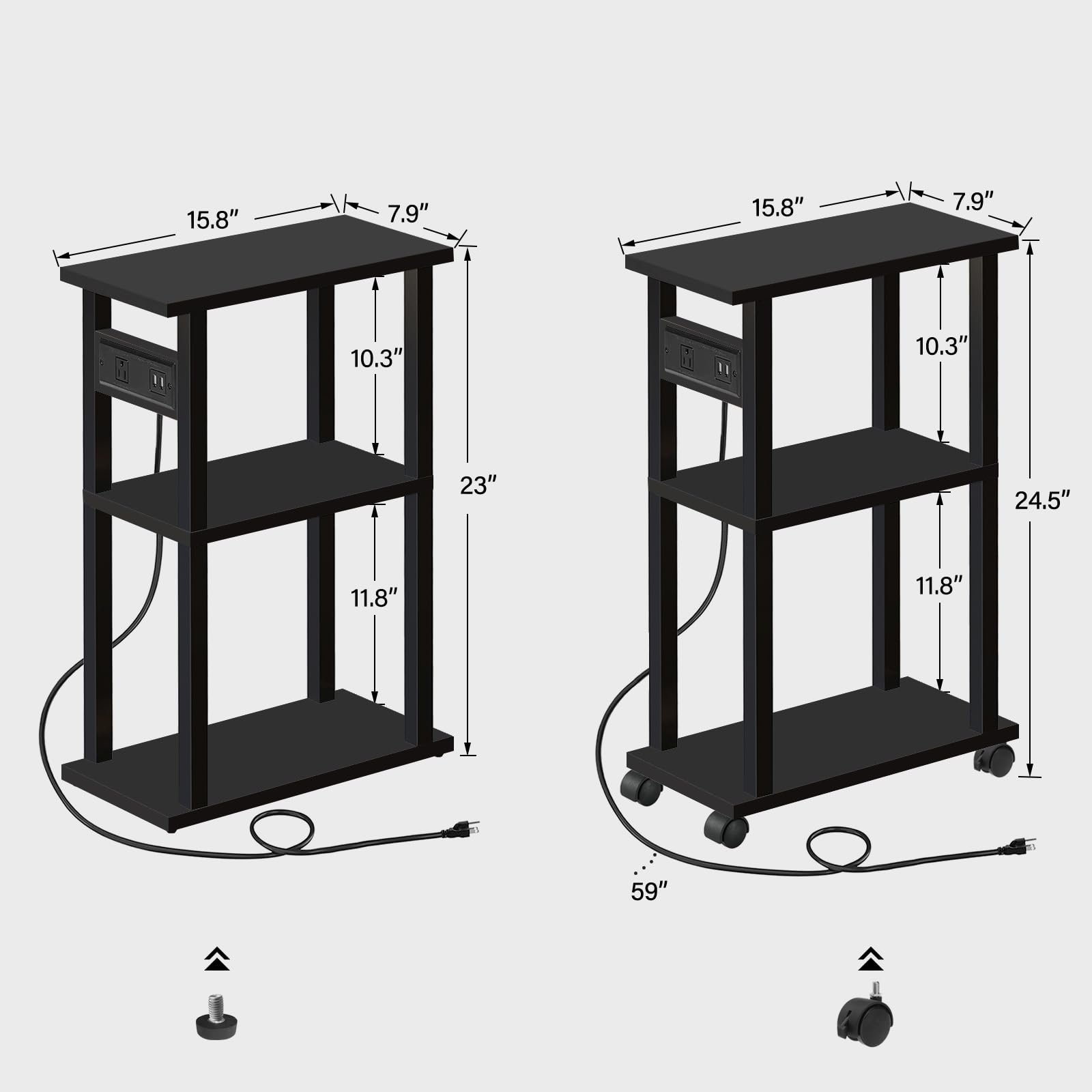 TUTOTAK Small Narrow Side Table with Charging Station, Set of 2 Skinny End Table for Small Spaces, Slim Nightstand with USB Ports and Outlet,Sofa Beside Table with Wheels, Black TB01BK047