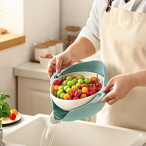 Pazash Double-layer Rotatable Colander, Heat-resisted Pasta Strainer, Food Level BPA Free Colanders and Strainers Bowls Set,2 Set Kitchen Draining Bowl Vegetable Washing Basket ，Aqua Sky and Green