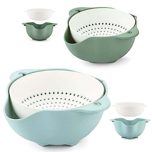 Pazash Double-layer Rotatable Colander, Heat-resisted Pasta Strainer, Food Level BPA Free Colanders and Strainers Bowls Set,2 Set Kitchen Draining Bowl Vegetable Washing Basket ,Aqua Sky and Green