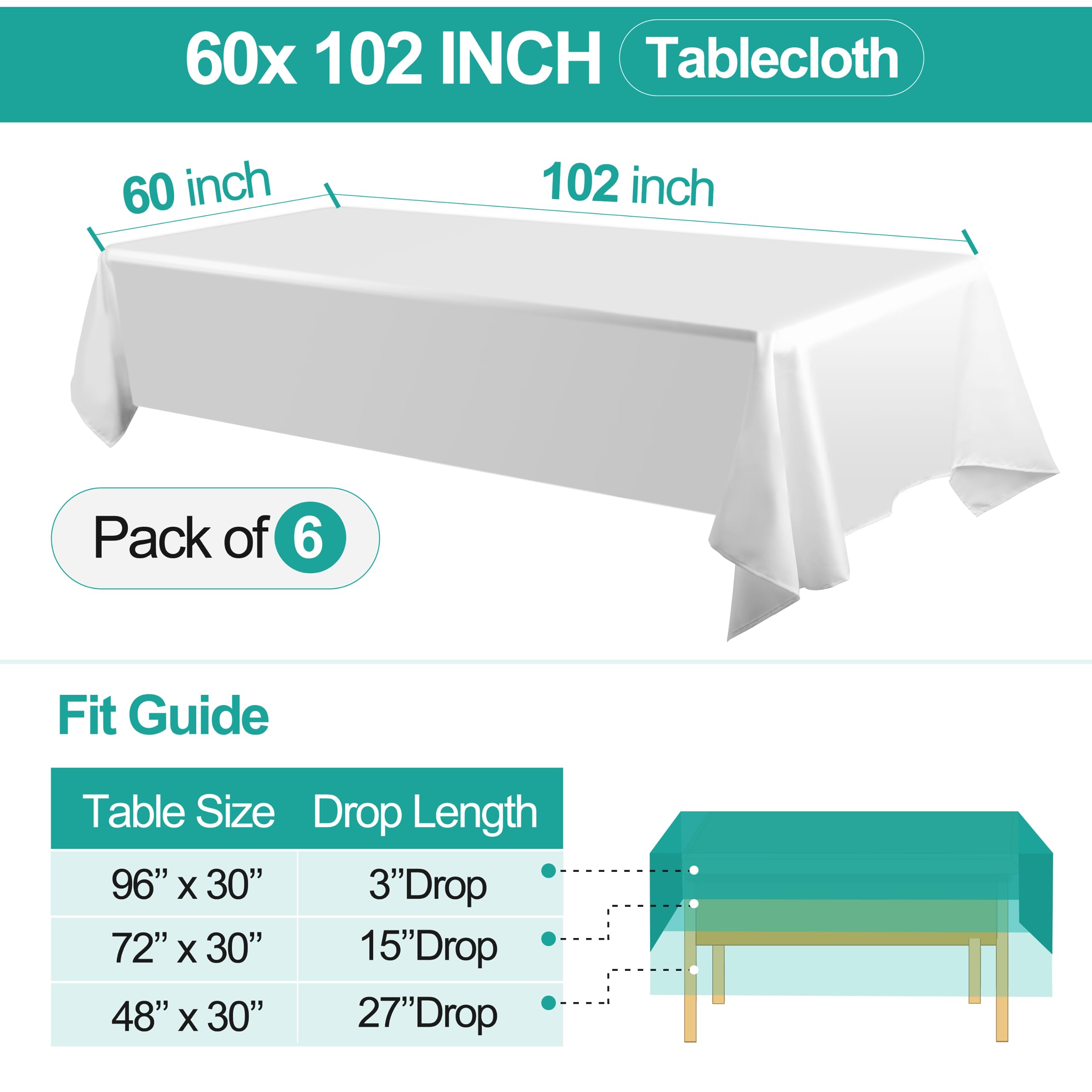 White Table Cloth Rectangle Table, 6 Pack Tablecloths for Rectangle Tables, 100% Polyester Rectangular Tablecloth White Table Cover Table Linens for Party, Wedding, Banquet Decoration- 60 x 102 Inch