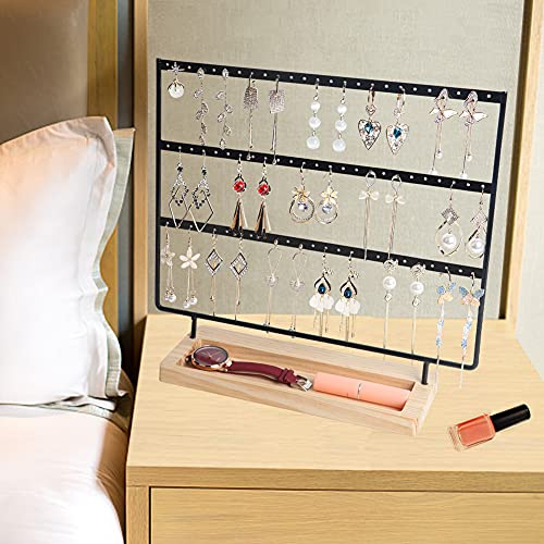 sovia Earring Organizer 3-Tier 75 Holes Jewelry Organizer Display Stand,Metal Earring Holder with Wood Basic stand,Necklace holder Storage Tray for Ring,Earrings,Ear Stud,Bracelets(Black)