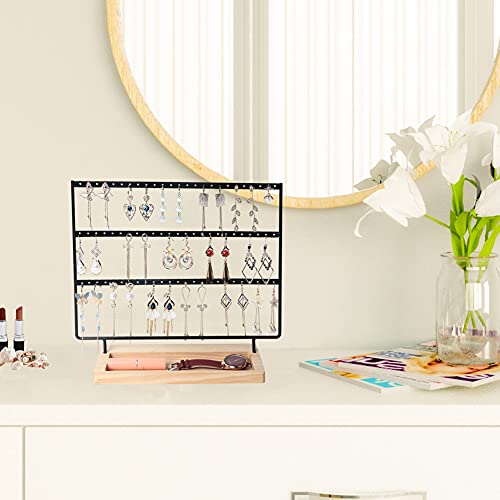sovia Earring Organizer 3-Tier 75 Holes Jewelry Organizer Display Stand,Metal Earring Holder with Wood Basic stand,Necklace holder Storage Tray for Ring,Earrings,Ear Stud,Bracelets(Black)