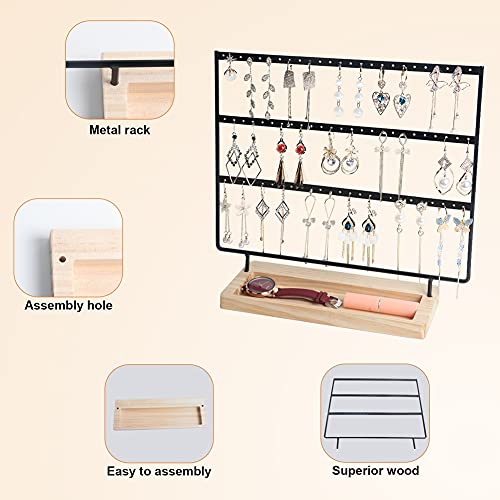 sovia Earring Organizer 3-Tier 75 Holes Jewelry Organizer Display Stand,Metal Earring Holder with Wood Basic stand,Necklace holder Storage Tray for Ring,Earrings,Ear Stud,Bracelets(Black)