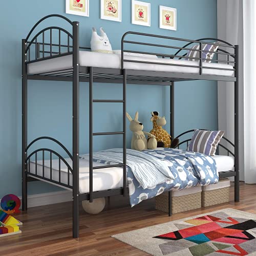 Metal Bunk Beds Frame Twin Over Twin, Convertible Into 2 Individual Metal Bed Frame, Removable Ladder & Safety Guard Rail (Twin Over Twin, Black)