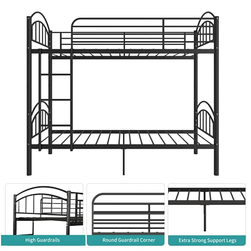 Metal Bunk Beds Frame Twin Over Twin, Convertible Into 2 Individual Metal Bed Frame, Removable Ladder & Safety Guard Rail (Twin Over Twin, Black)