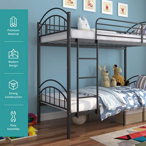 Metal Bunk Beds Frame Twin Over Twin, Convertible Into 2 Individual Metal Bed Frame, Removable Ladder & Safety Guard Rail (Twin Over Twin, Black)