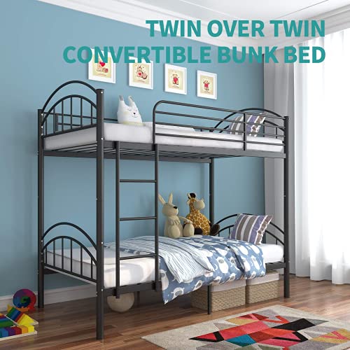 Metal Bunk Beds Frame Twin Over Twin, Convertible Into 2 Individual Metal Bed Frame, Removable Ladder & Safety Guard Rail (Twin Over Twin, Black)