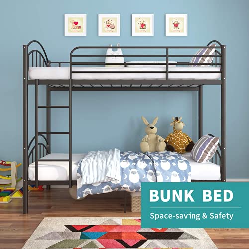 Metal Bunk Beds Frame Twin Over Twin, Convertible Into 2 Individual Metal Bed Frame, Removable Ladder & Safety Guard Rail (Twin Over Twin, Black)
