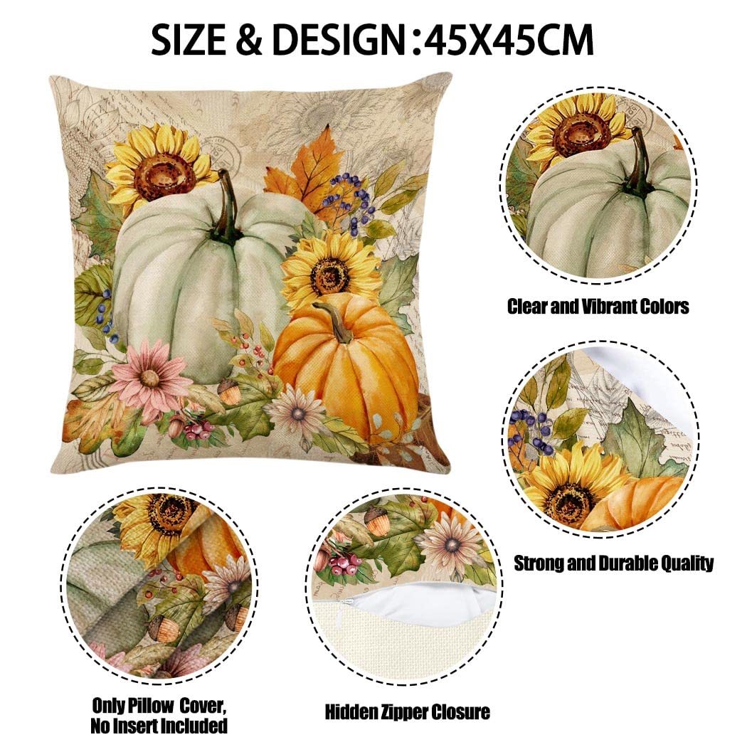 Juirnost Fall Pumpkin Pillow Covers 18x18 Inch Set of 4 Pumpkin Sunflower Autumn Harvest Throw Pillow Cases Squirrel Decorative Thanksgiving Day Cushion Case for Couch Sofa Outdoor Home Decor