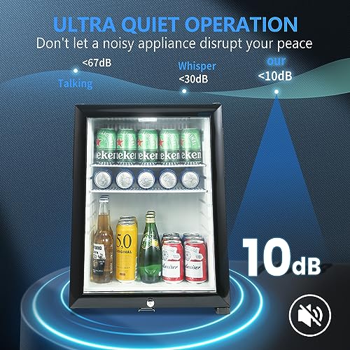 KICHKING 1.7 Cu.ft Ultra Quiet Compact Fridge No Noise Mini Absorption Fridge Beverage Refrigerator Cooler with Glass Door Under Counter Refrigerator Adjustable Shelves Lock for Home Office Bar