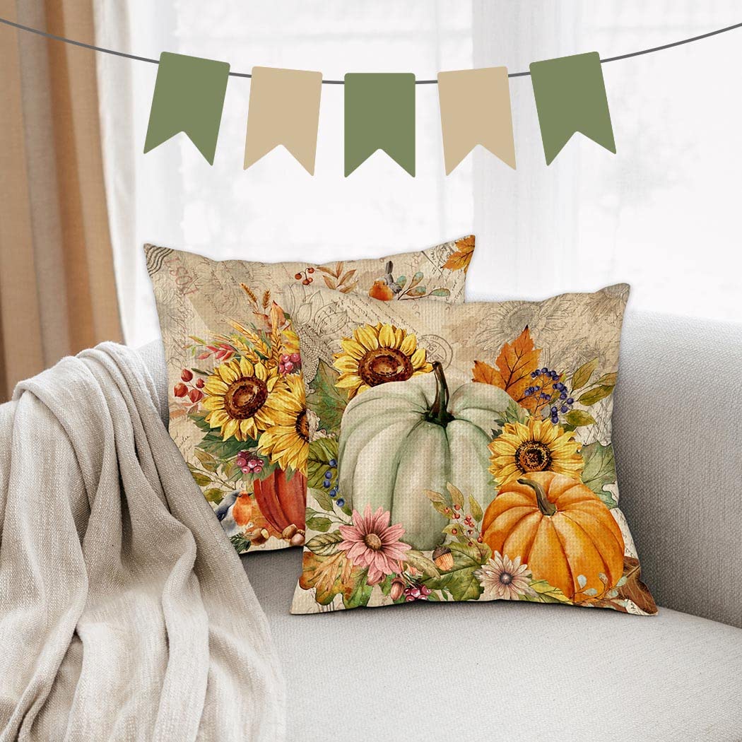 Juirnost Fall Pumpkin Pillow Covers 18x18 Inch Set of 4 Pumpkin Sunflower Autumn Harvest Throw Pillow Cases Squirrel Decorative Thanksgiving Day Cushion Case for Couch Sofa Outdoor Home Decor