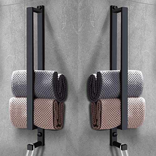 LIVEHITOP 2PCS Towel Rail, Wall Mounted Hand Towel Rack Bar with Rod Hook Aluminum Stainless Steel Matte Black 16.9 Inch for Bathroom Kitchen (Drilling/NO Drilling)