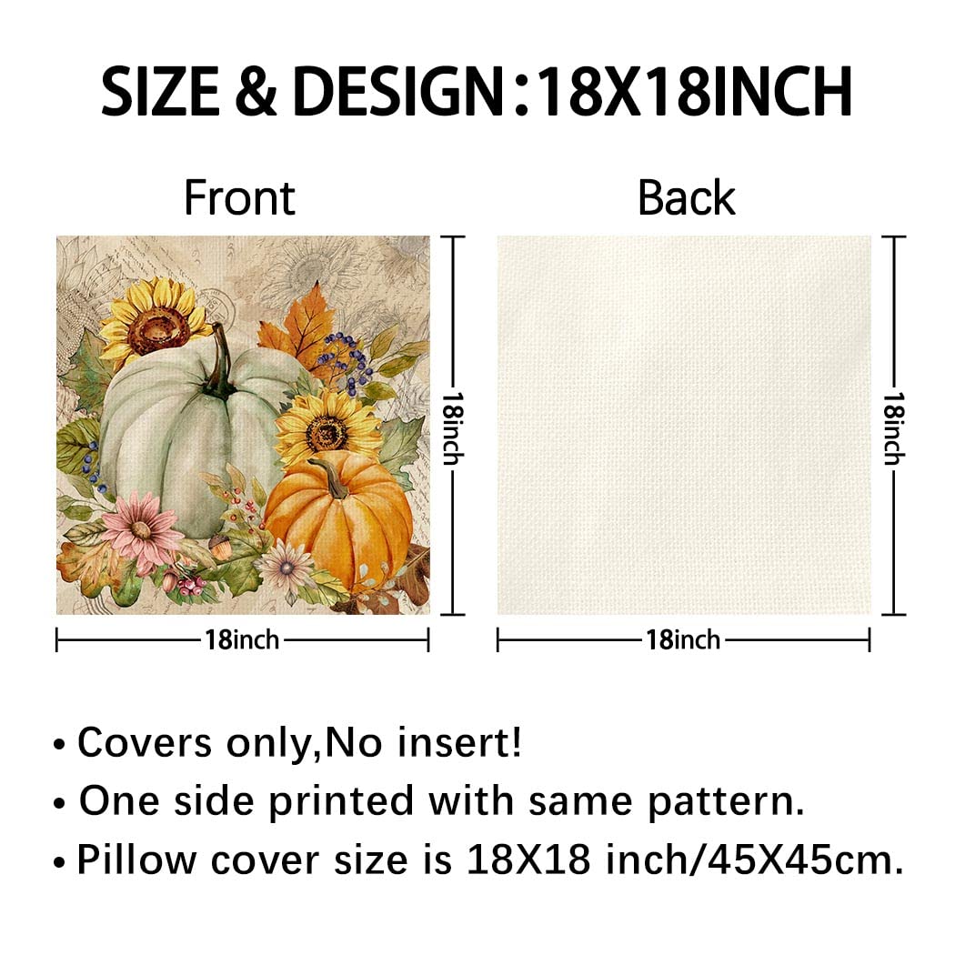Juirnost Fall Pumpkin Pillow Covers 18x18 Inch Set of 4 Pumpkin Sunflower Autumn Harvest Throw Pillow Cases Squirrel Decorative Thanksgiving Day Cushion Case for Couch Sofa Outdoor Home Decor
