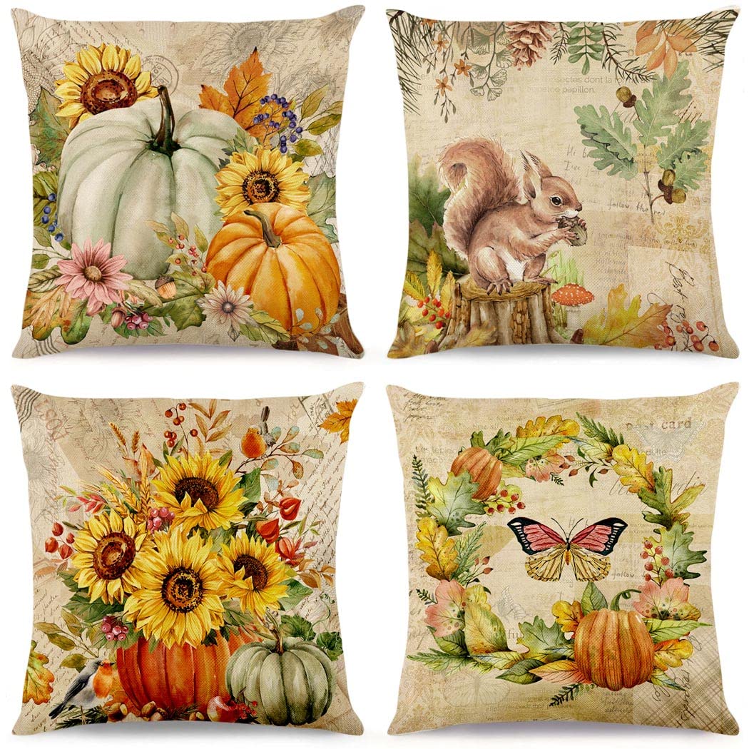 Juirnost Fall Pumpkin Pillow Covers 18x18 Inch Set of 4 Pumpkin Sunflower Autumn Harvest Throw Pillow Cases Squirrel Decorative Thanksgiving Day Cushion Case for Couch Sofa Outdoor Home Decor