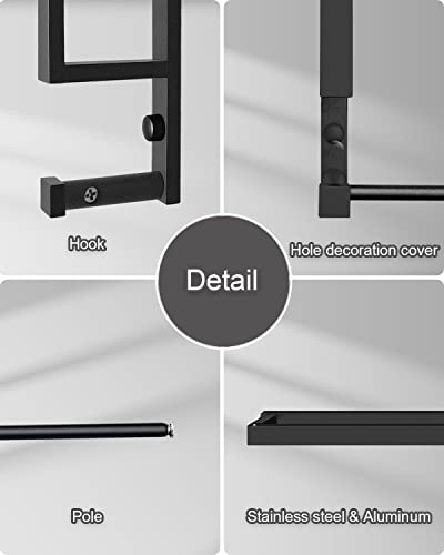 LIVEHITOP 2PCS Towel Rail, Wall Mounted Hand Towel Rack Bar with Rod Hook Aluminum Stainless Steel Matte Black 16.9 Inch for Bathroom Kitchen (Drilling/NO Drilling)