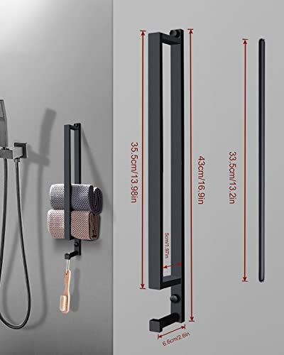 LIVEHITOP 2PCS Towel Rail, Wall Mounted Hand Towel Rack Bar with Rod Hook Aluminum Stainless Steel Matte Black 16.9 Inch for Bathroom Kitchen (Drilling/NO Drilling)